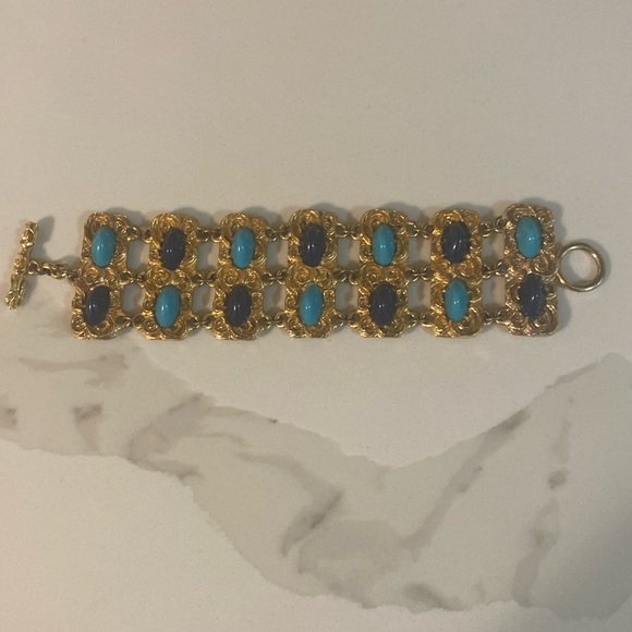 Jewelry | Vintage Faux Bracelet Gold Tone Turquoise And Dark Blue ...
